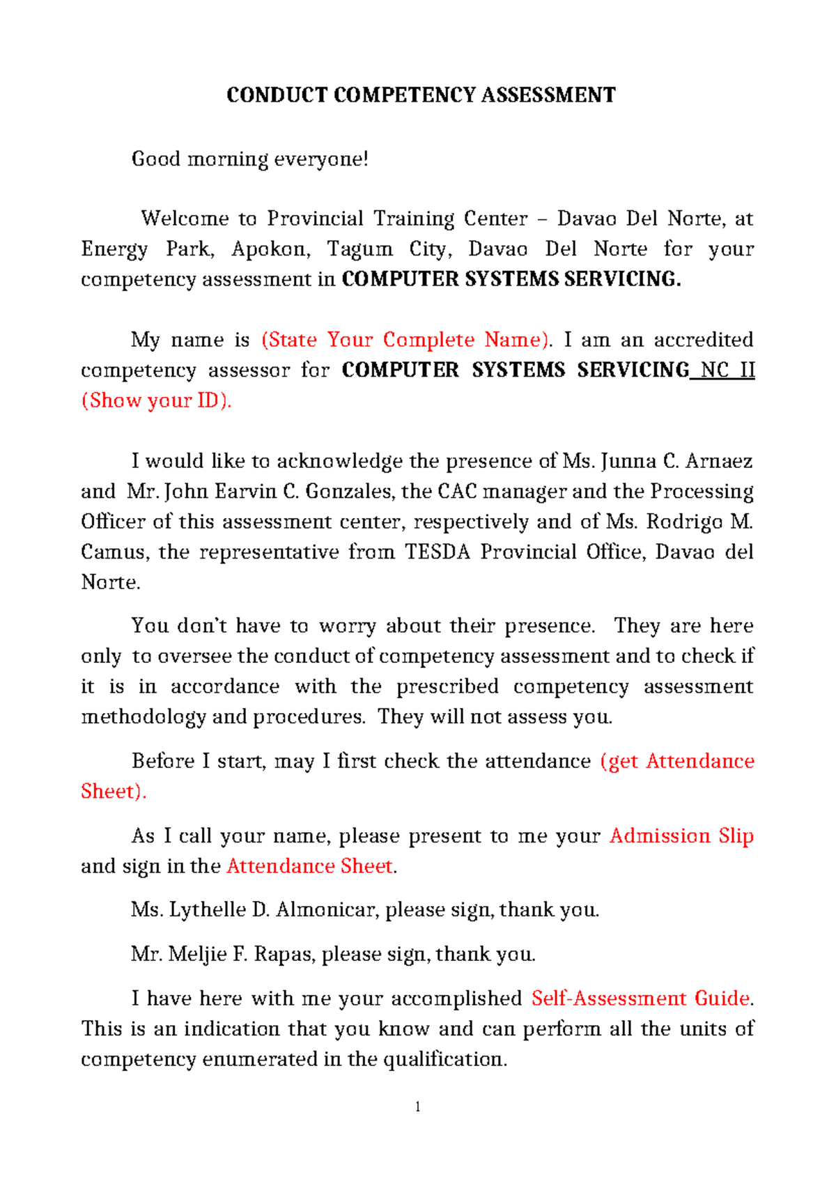 Script- Conduct- Competency- Assessment-Sample CSS - CONDUCT COMPETENCY ...