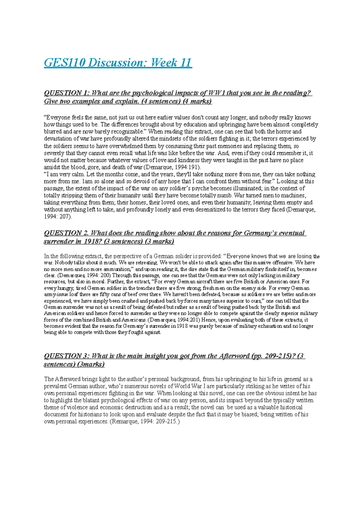 GES Discussion Week 11 - GES110 Discussion: Week 11 QUESTION 1: What are the psychological ...