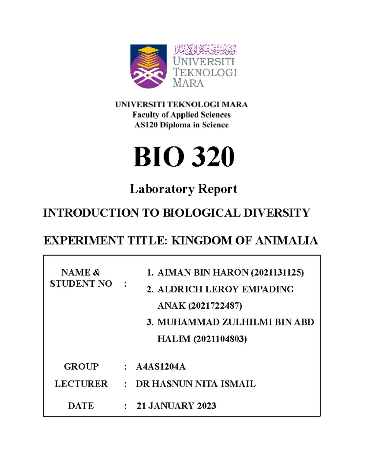 BIO 320 Practical 5 Kingdom OF Animalia - BIO 320 Laboratory Report ...