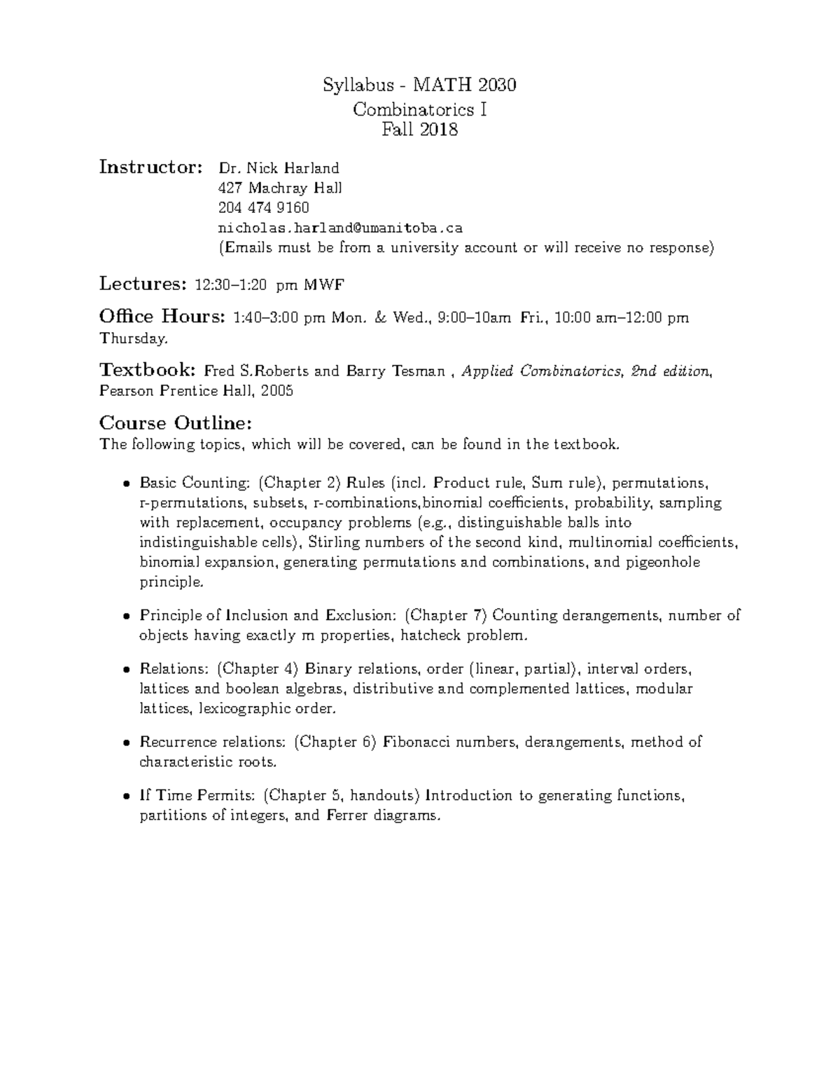 MATH2030Outline-f18 Tutorial 2 - Syllabus MATH 2030 Combinatorics I ...