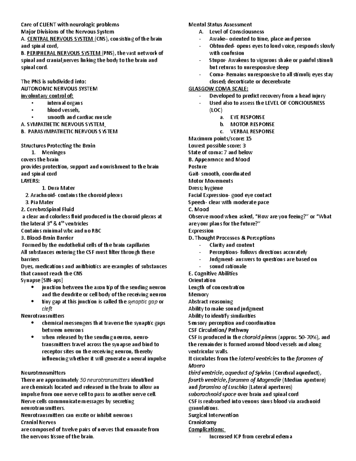 Care of Client with neurologic problems - Care of CLIENT with ...
