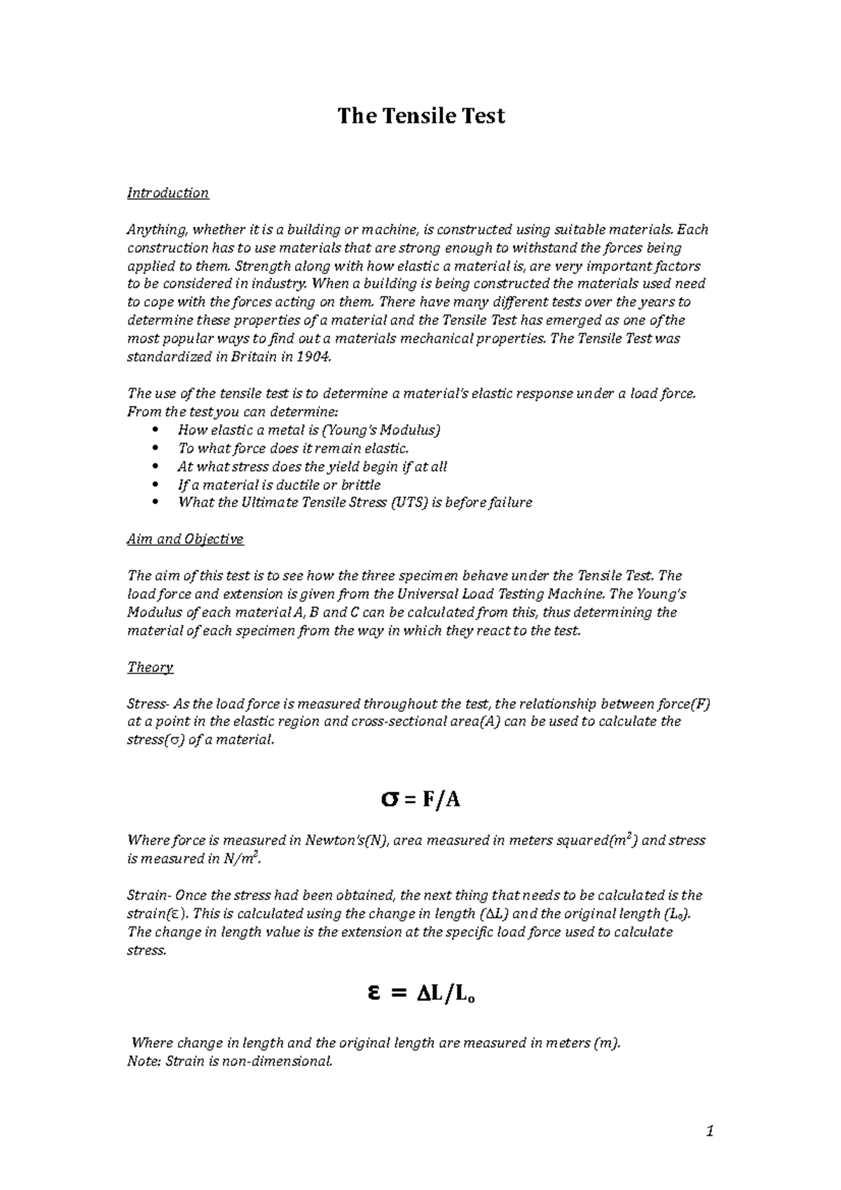 The Tensile Test - a report I did a few years ago - The Tensile Test ...