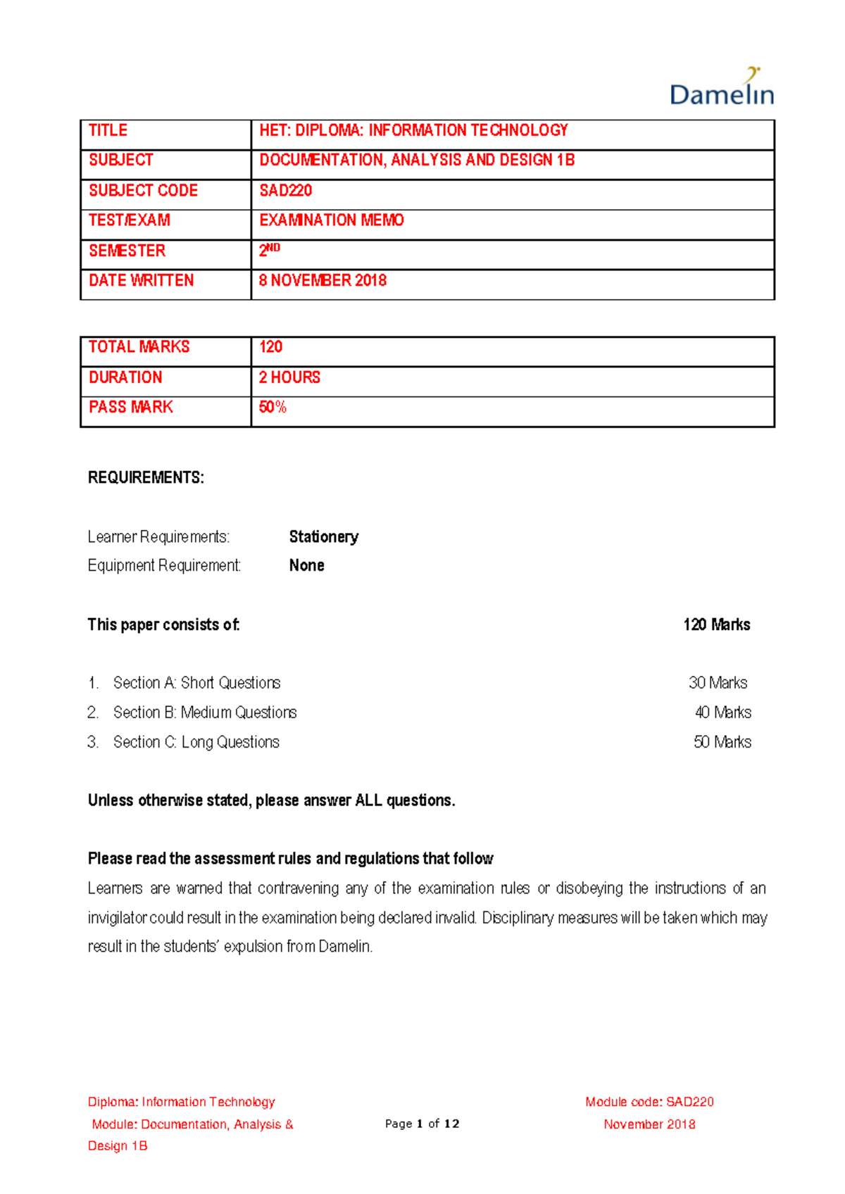 Doc Analysis 1B Exam Memo 2024-06-20 16 34 50 - Diploma: Information Technology Module code: SAD ...