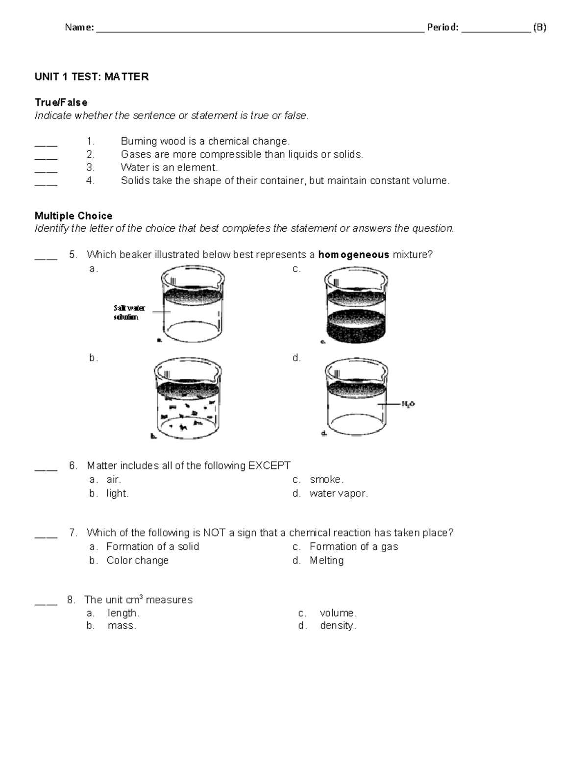 Unit 1 Matter Test B - Answer to basic science - Name: - Studocu
