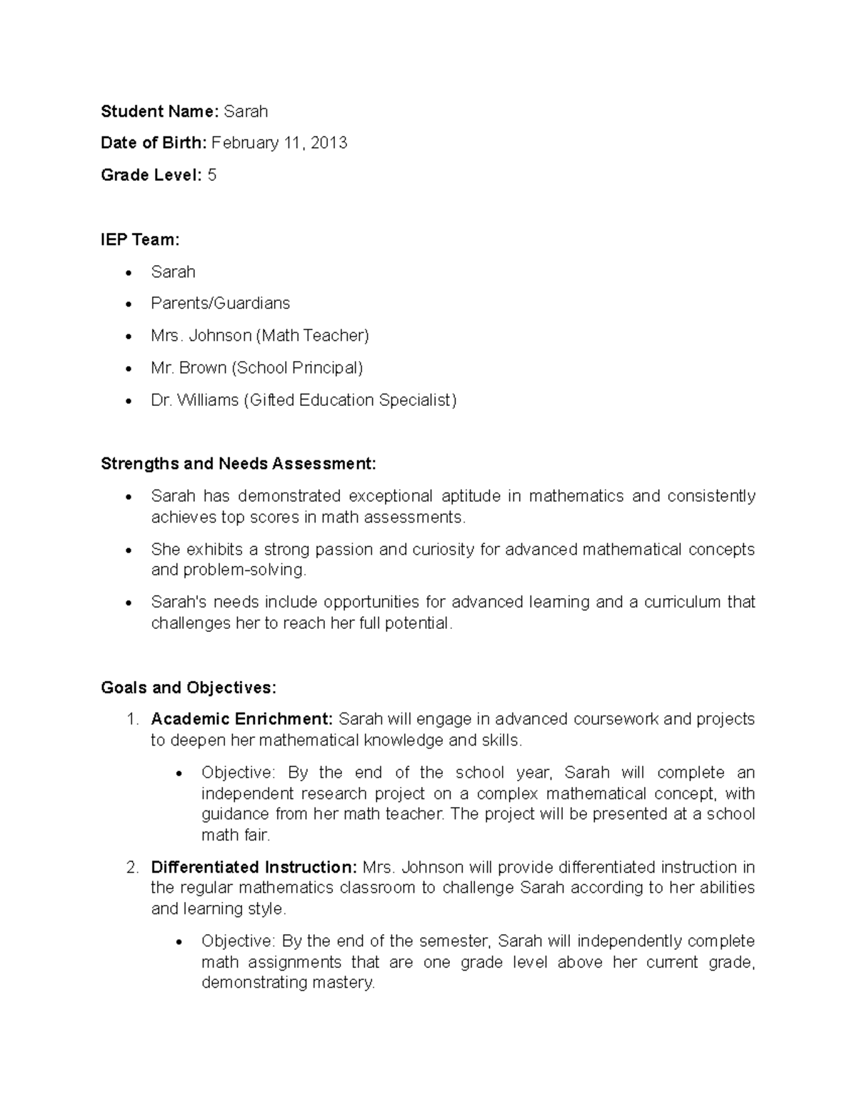 IEP- Example - Student Name: Sarah Date of Birth: February 11, 2013 ...