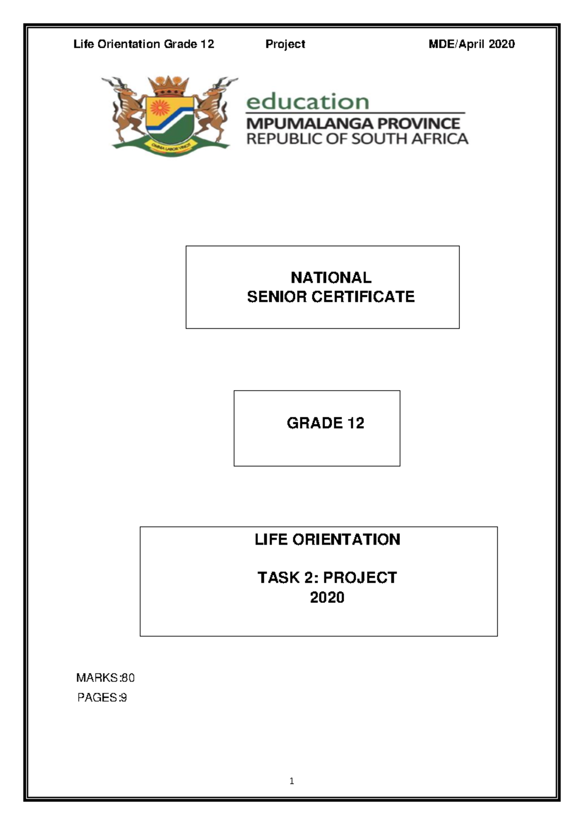 GR 12 LO Project 2020 Final Version - MARKS: PAGES: NATIONAL SENIOR ...