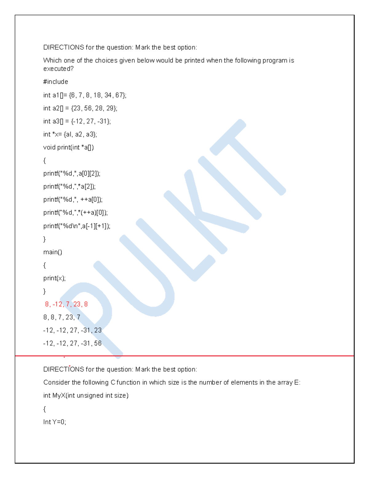 Level 1 programming test2 - DIRECTIONS for the question: Mark the best ...