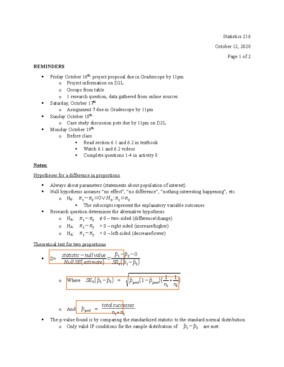Fall2020-STAT 216Q-Lecture 12 - Statistics 216 October 12, 2020 Page 1 ...