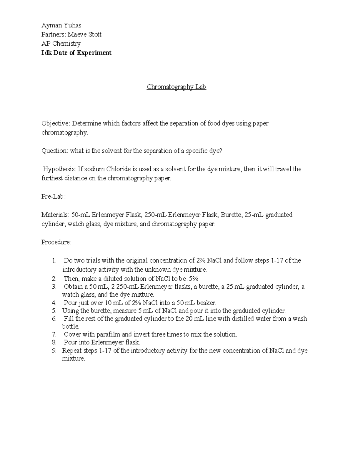 Chromatography Lab - lab - Ayman Yuhas Partners: Maeve Stott AP ...