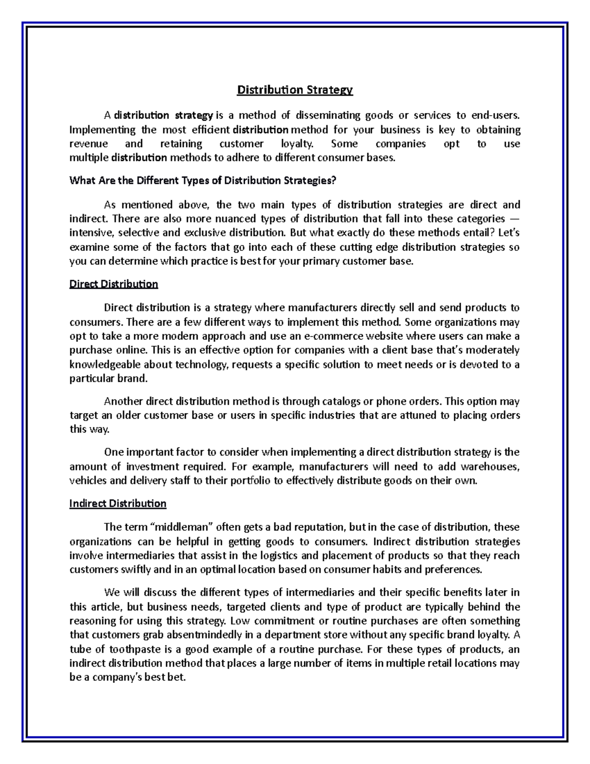 Summary Distribution Strategy - Distribution Strategy A distribution ...