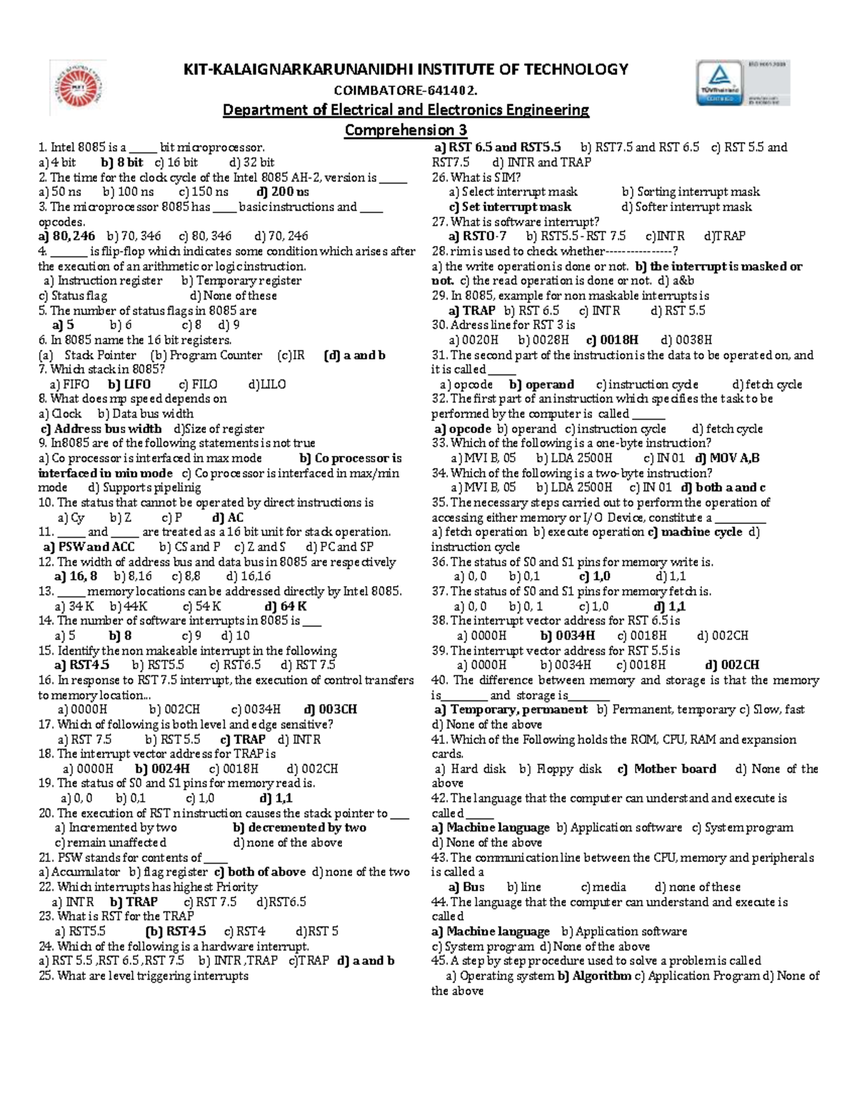 Comprehension-3 - ABCD - Intel 8085 is a ______ bit microprocessor. a) 4 bit b) 8 bit c) 16 bit ...