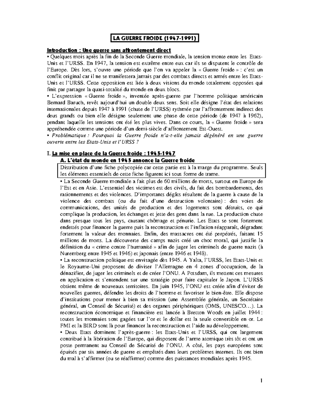 Cours - LA Guerre Froide - .LA GUERRE FROIDE ( ‰„‡- ‰‰ ). Introduction ...