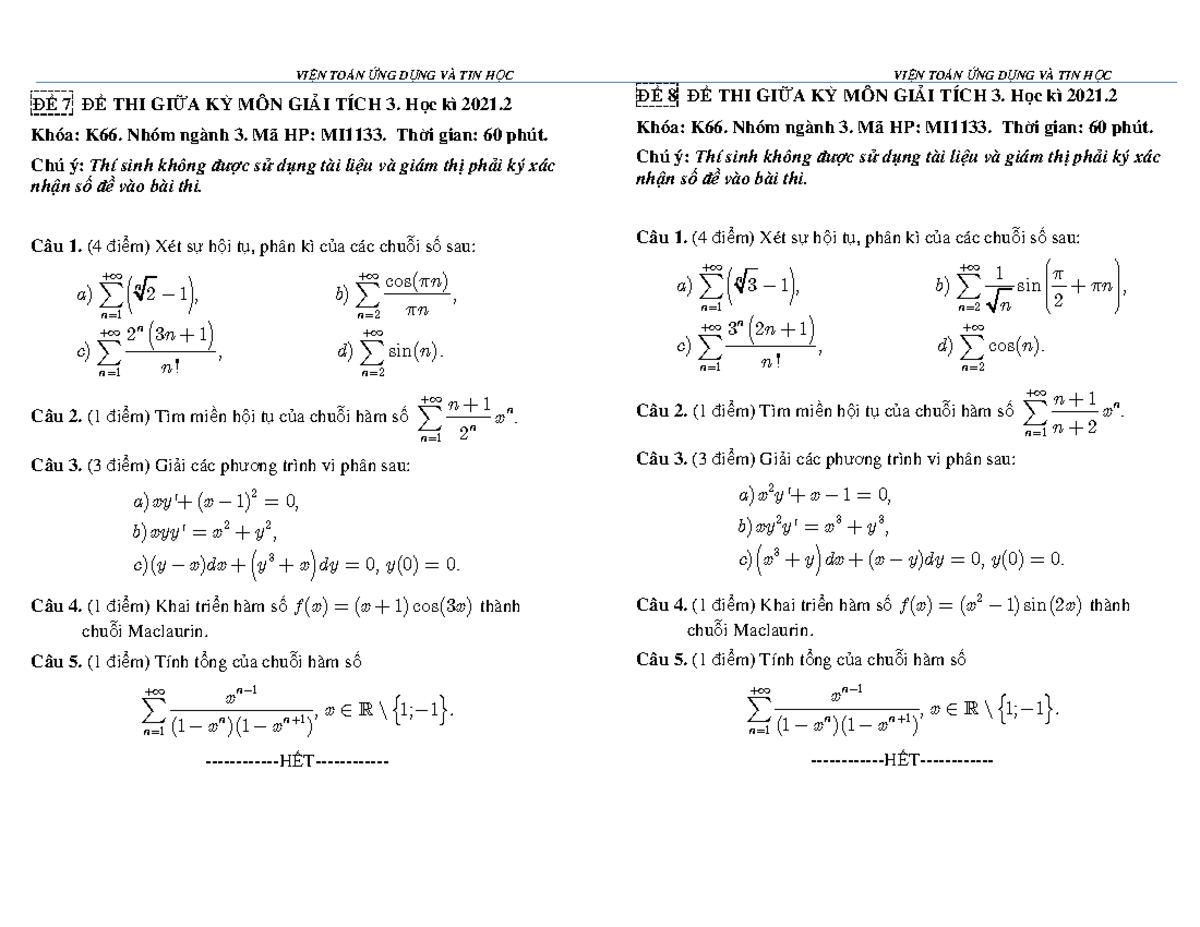 De thi giua ki-gt3 2021 - ádasd - VI Ệ N TOÁN Ứ NG D Ụ NG VÀ TIN H Ọ C VI ỆN TOÁN Ứ NG D Ụ NG VÀ ...