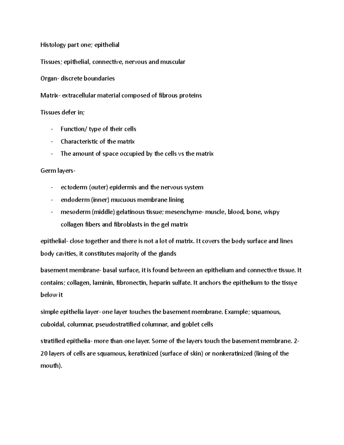 Histology part one - Lecture notes chapter 5 - Histology part one ...