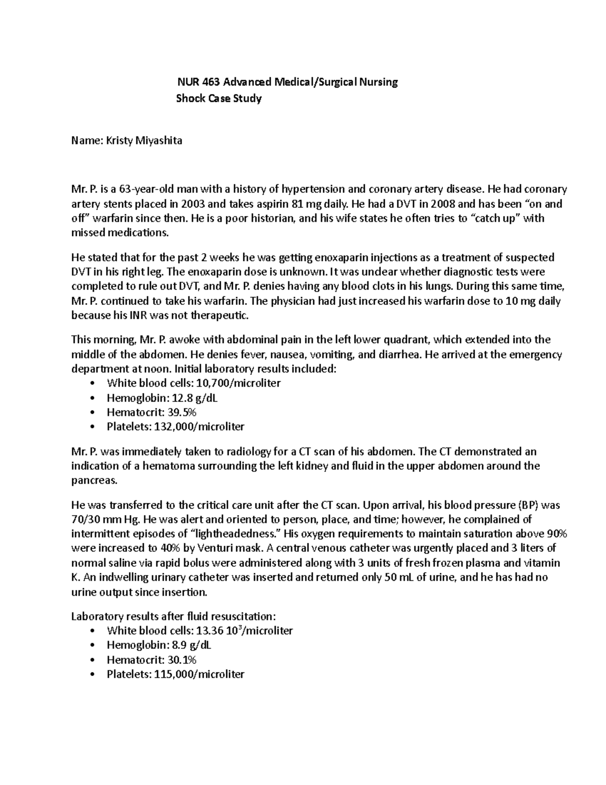 NUR463 Shock Case Study - in-class/ONLINE case NUR 463 Advanced Medical ...