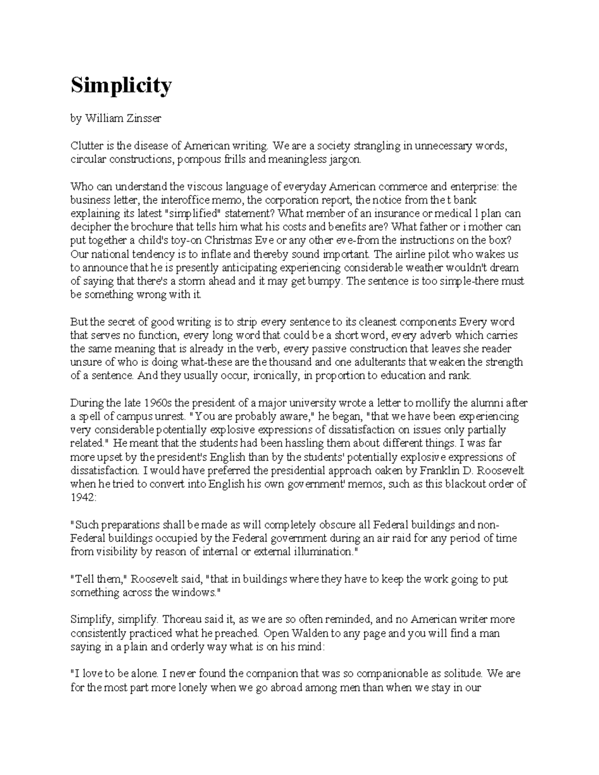 Simplicity Clutter Texts - Simplicity by William Zinsser Clutter is the ...