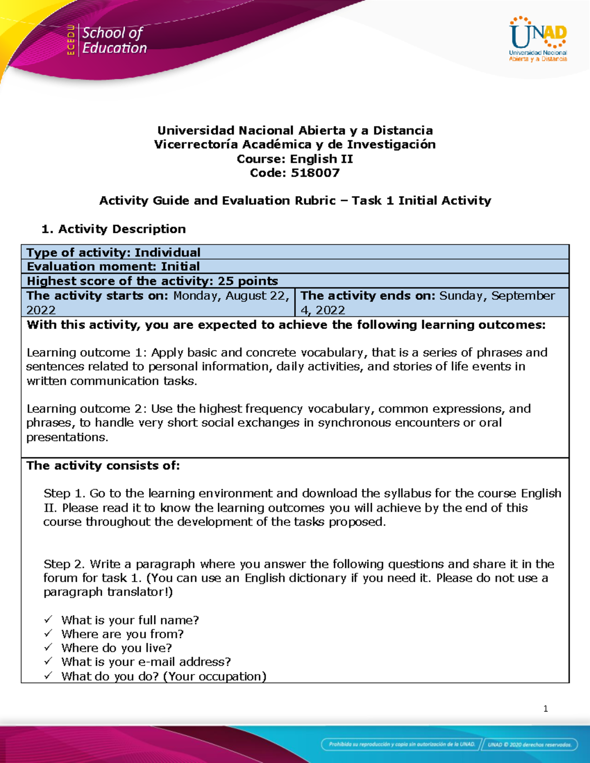 Activity guide and evaluation rubric - Task 1 - Initial Activity ...