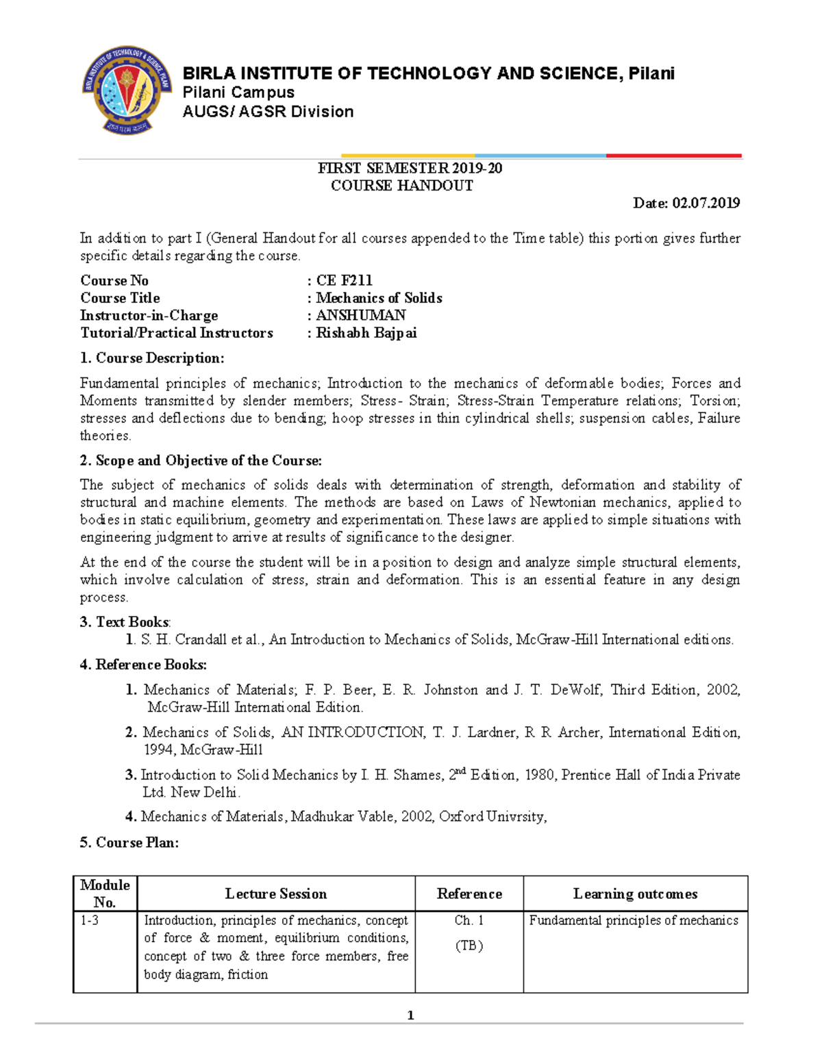 CE F211 1073 - It is the course handout. - Warning: TT: undefined function: 32 BIRLA INSTITUTE ...