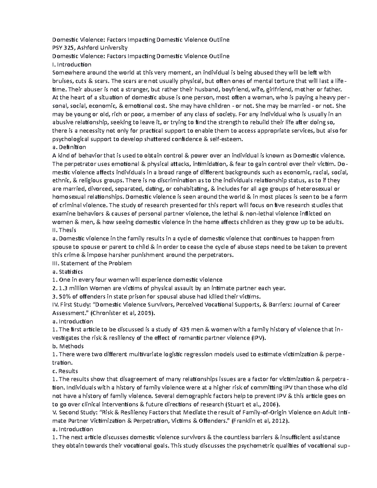 PSY 325 Week 3, Assignment - Final Paper Outline - Domestic Violence ...
