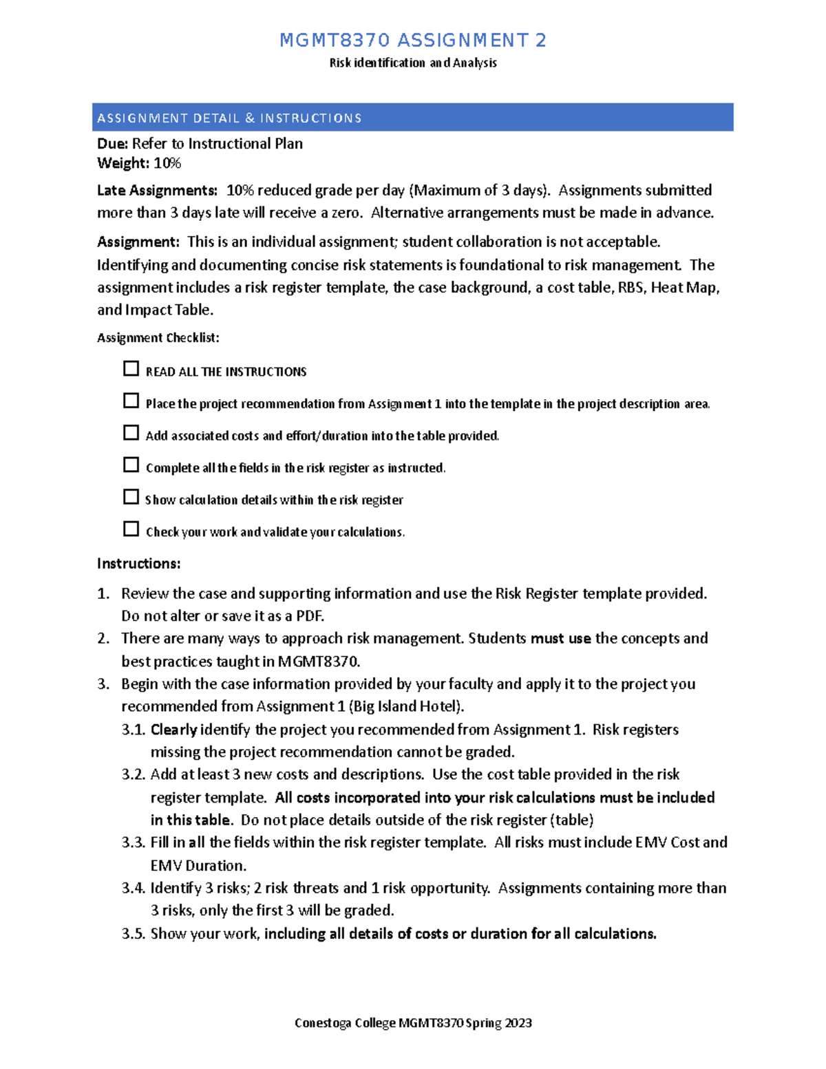 Assignment 2 Instructions - MGMT8370 ASSIGNMENT 2 Risk identification and Analysis ASSIGNMENT ...