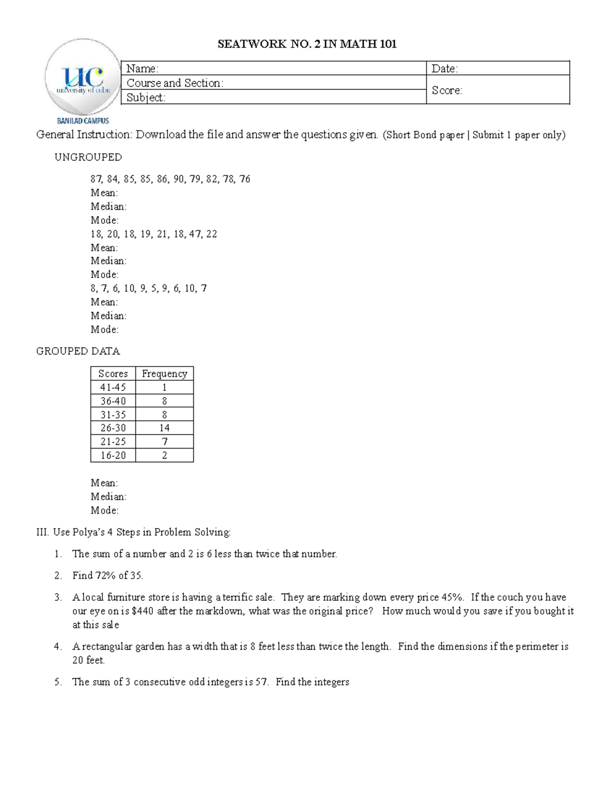 Seatwork no. 2 Midterm - SEATWORK NO. 2 IN MATH 101 General Instruction ...