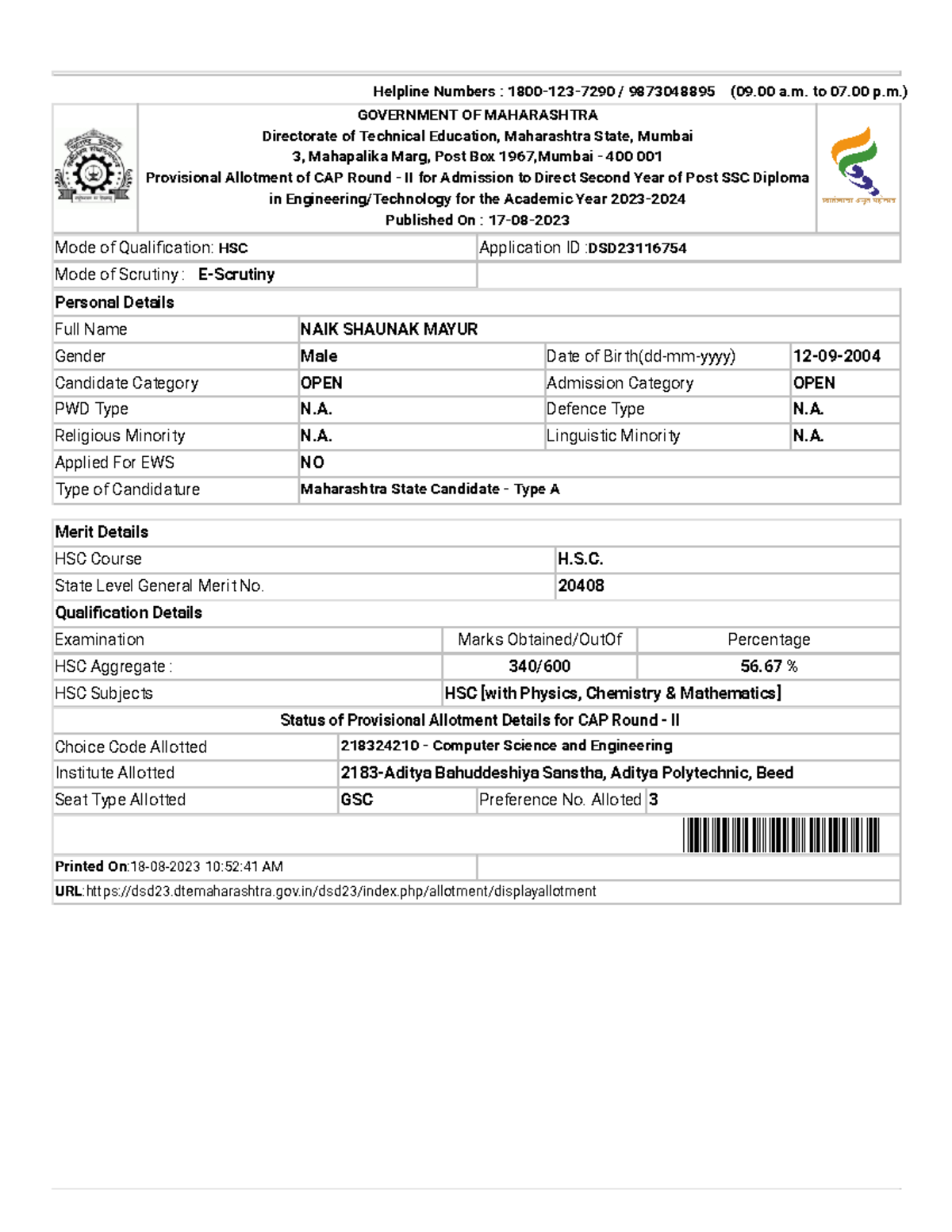 Provisional allotment cap 2 - Helpline Numbers : 1800-123-7290 / ...