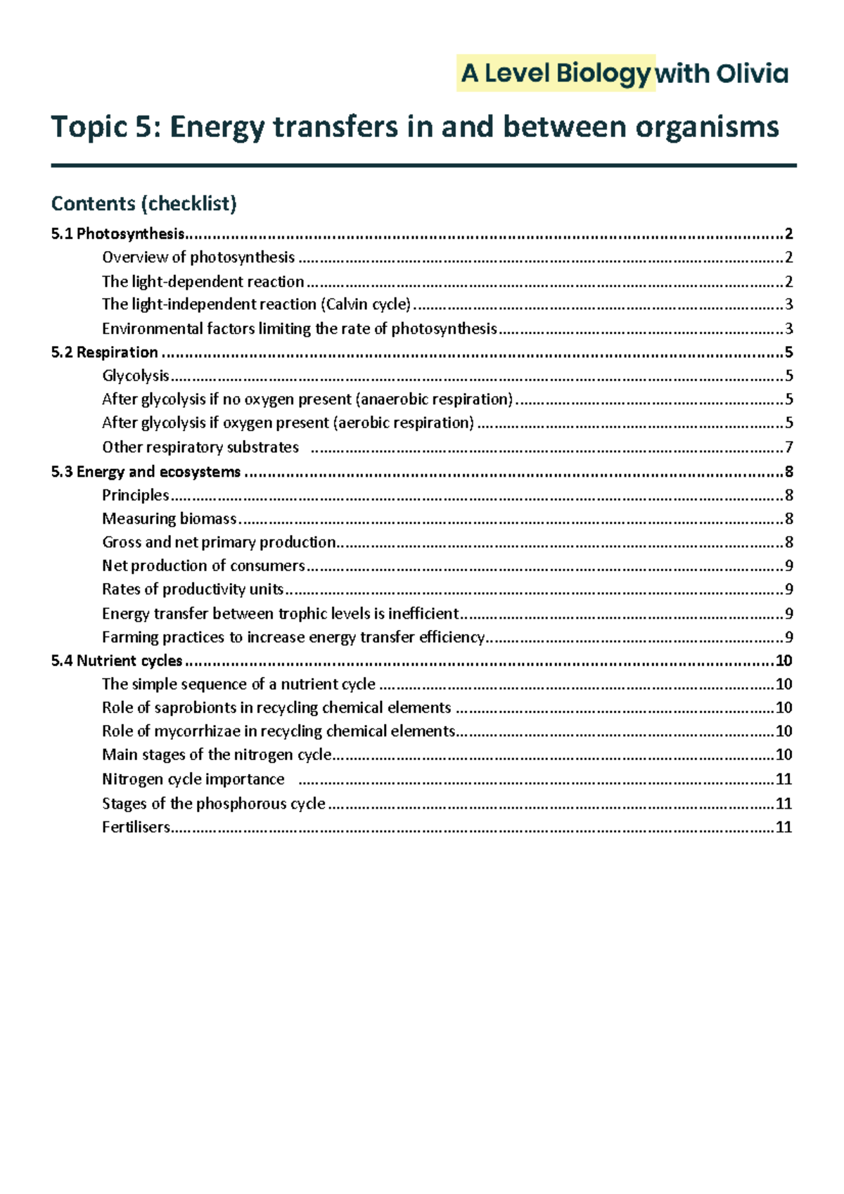 A Level Biology Topic 5 - Topic 5: Energy transfers in and between ...