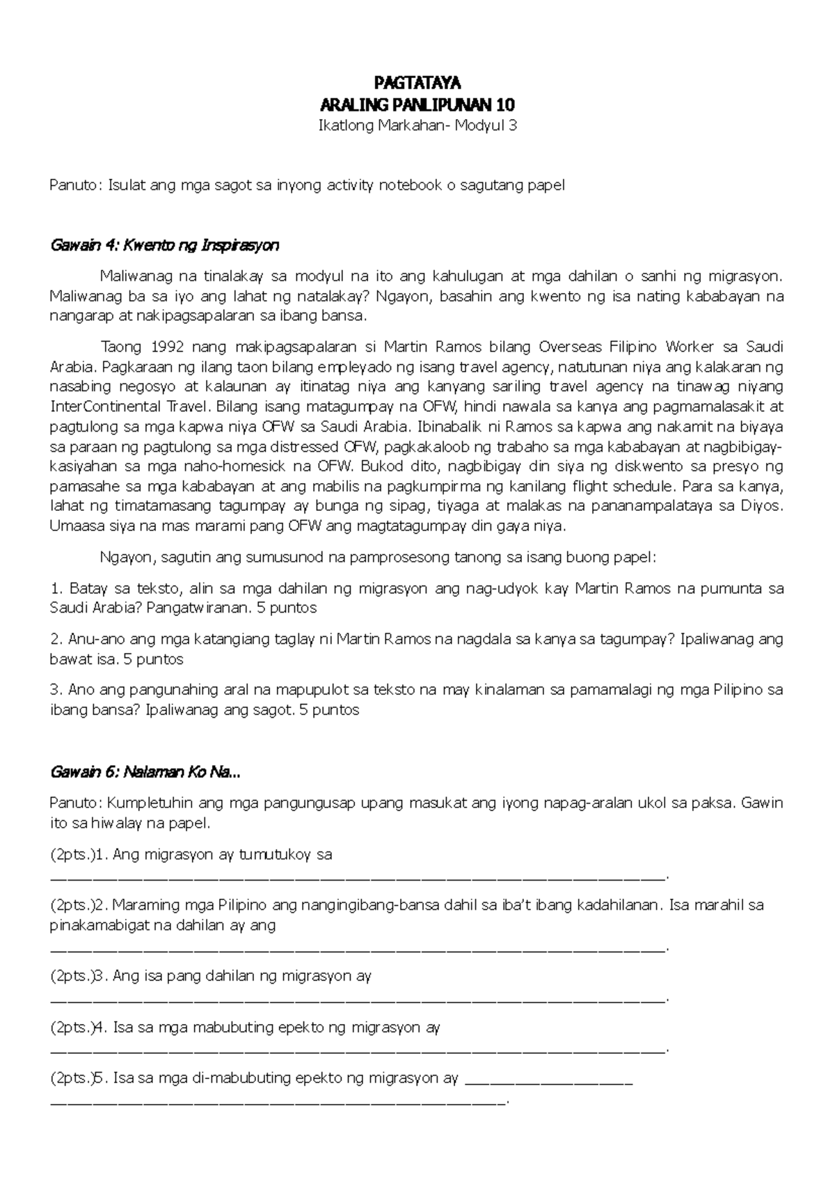 AP 10 Worksheet Q3 M3 - PAGTATAYA ARALING PANLIPUNAN 10 Ikatlong ...