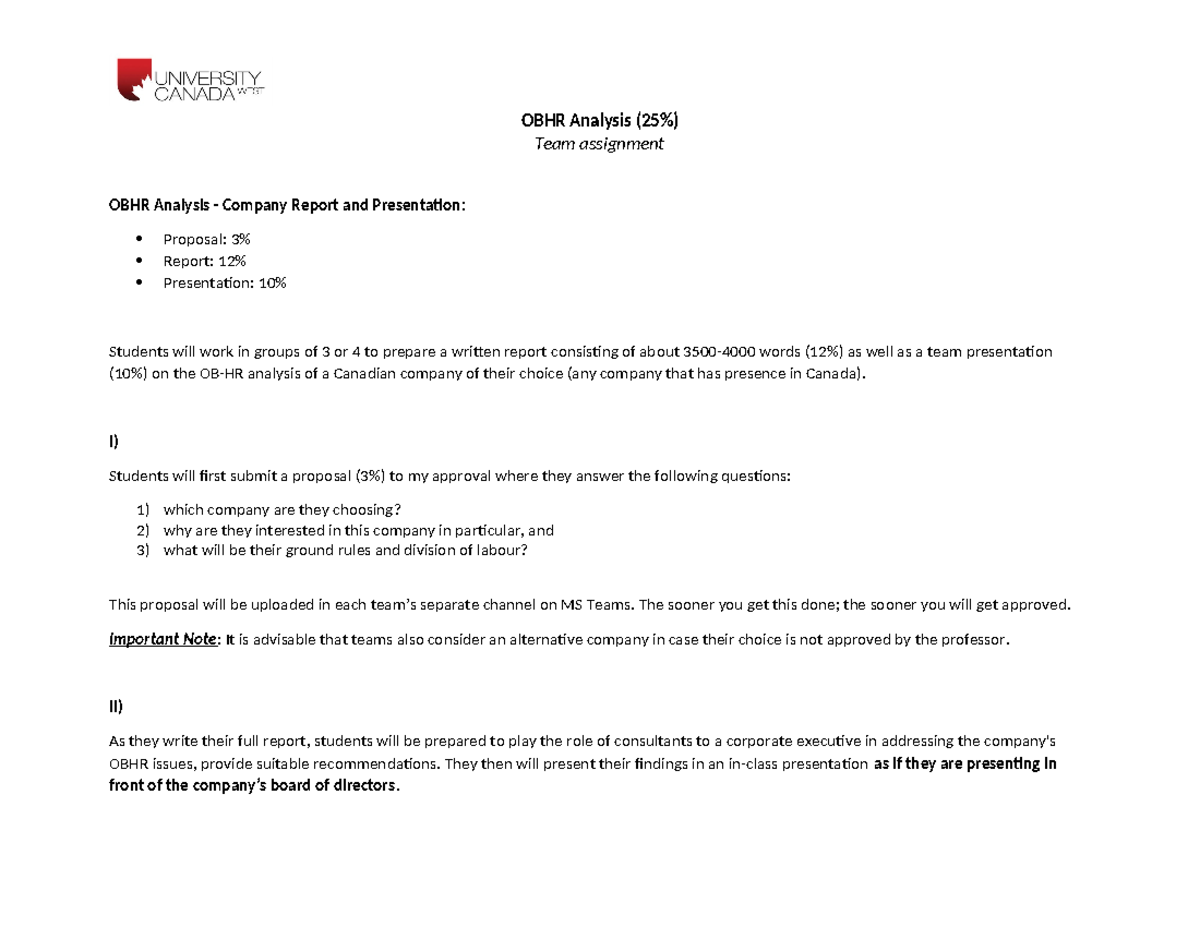 Organizational Behaviour Analysis Submission - OBHR Analysis (25%) Team ...