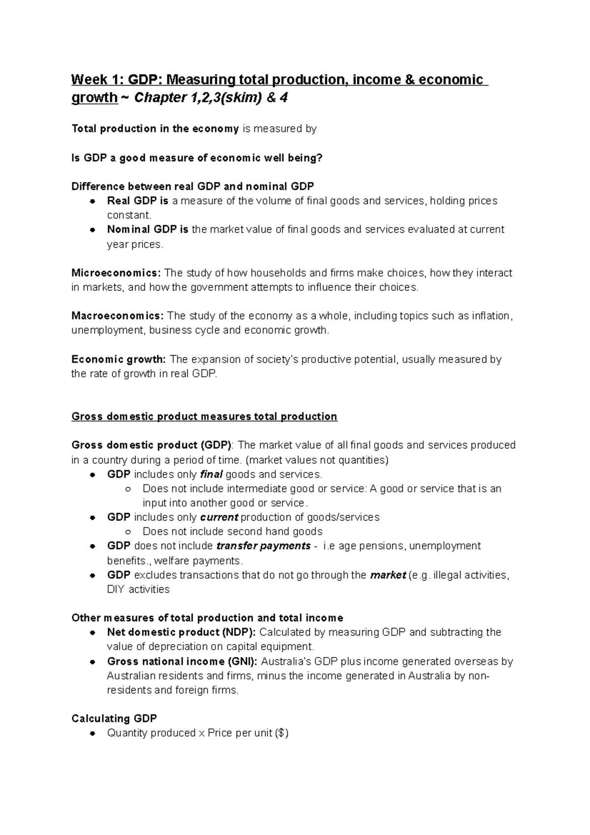 UniSA Macroeconomics Week 1 GDP Measuring total production, income ...