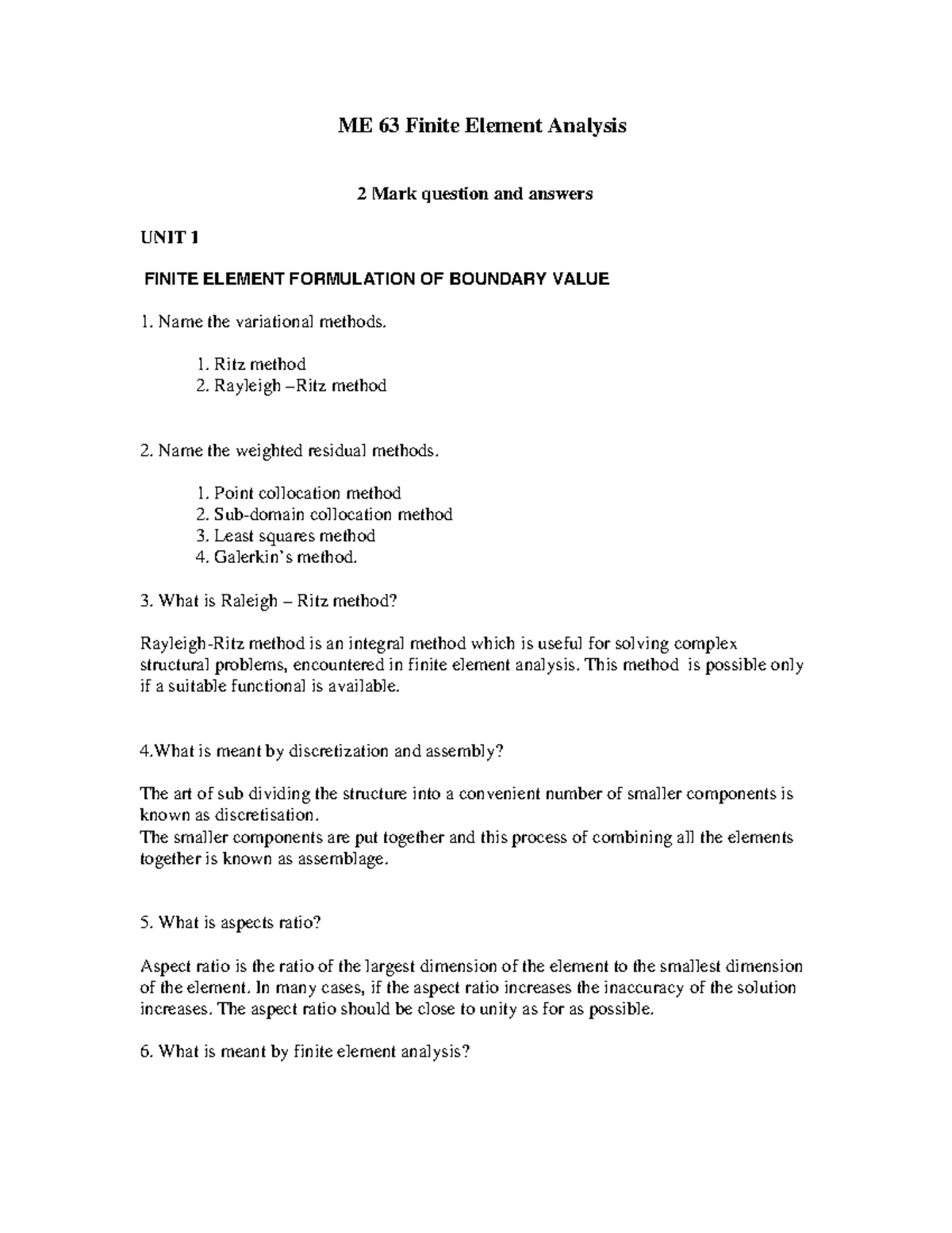 FEA-2M - ME 63 Finite Element Analysis 2 Mark question and answers UNIT 1 FINITE ELEMENT ...