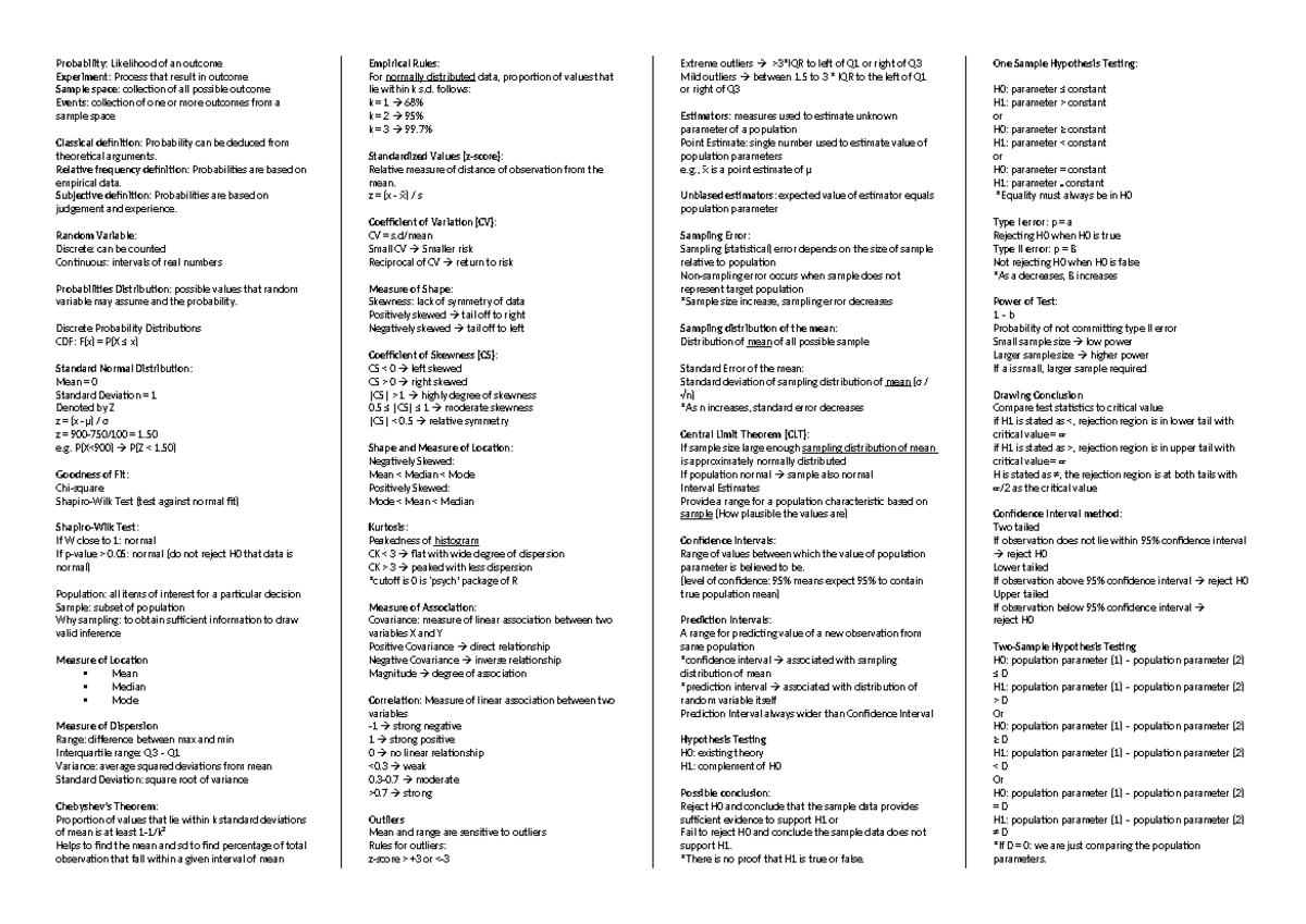 Bt1101 finals cheatsheet - Probability: Likelihood of an outcome Experiment: Process that result ...