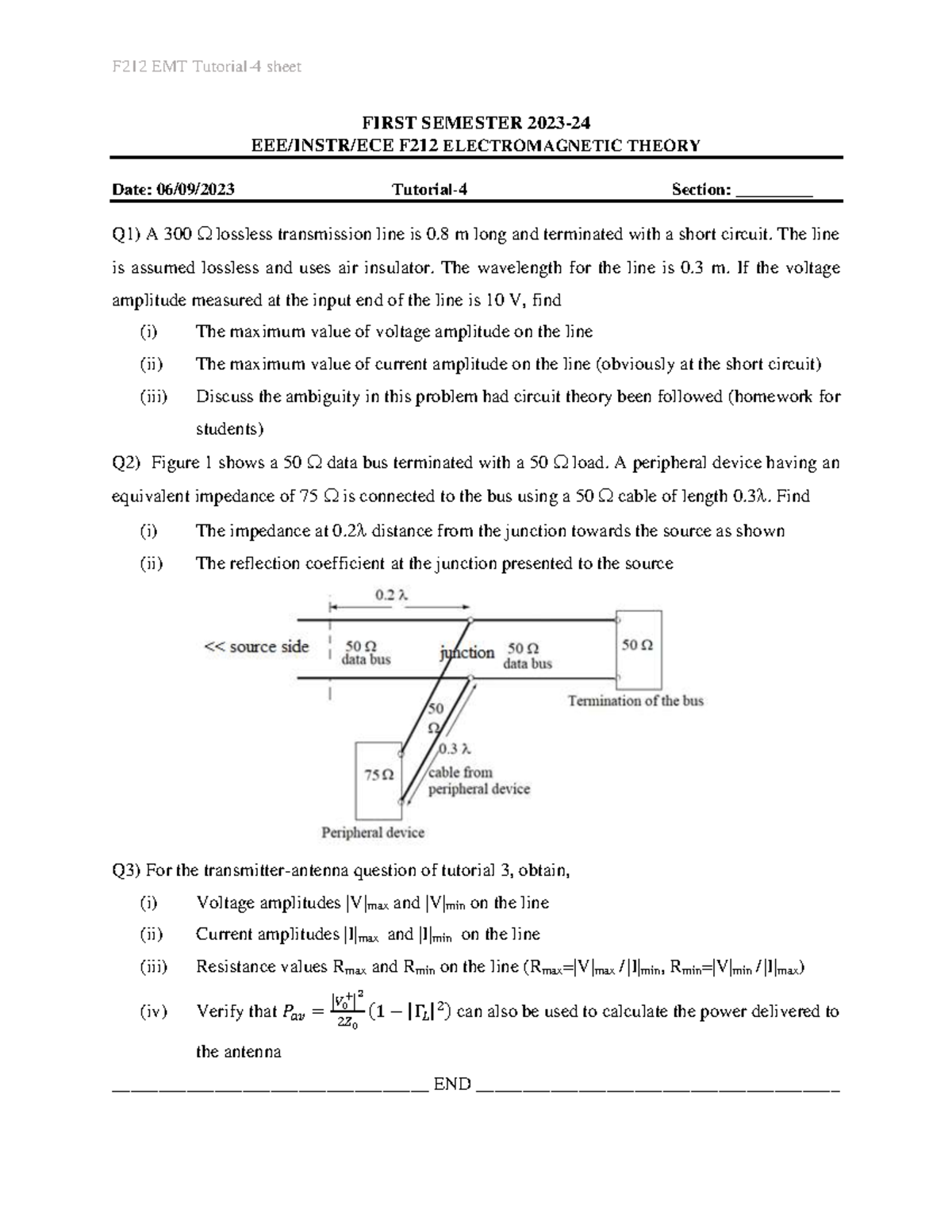 Tut4 06-09-2023 - tut 4 - F212 EMT Tutorial- 4 sheet FIRST SEMESTER 202 3 - 24 EEE/INSTR/ECE ...
