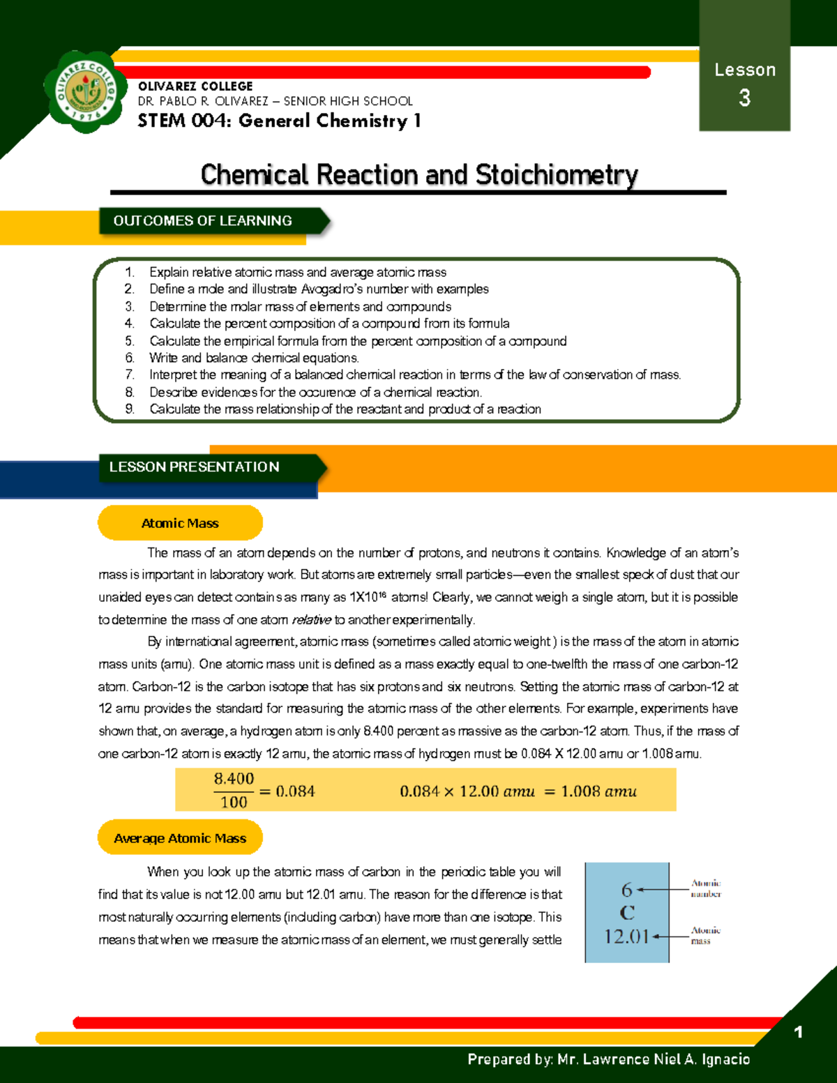 Lesson-3-Stoichiometry - OLIVAREZ COLLEGE DR. PABLO R. OLIVAREZ ...