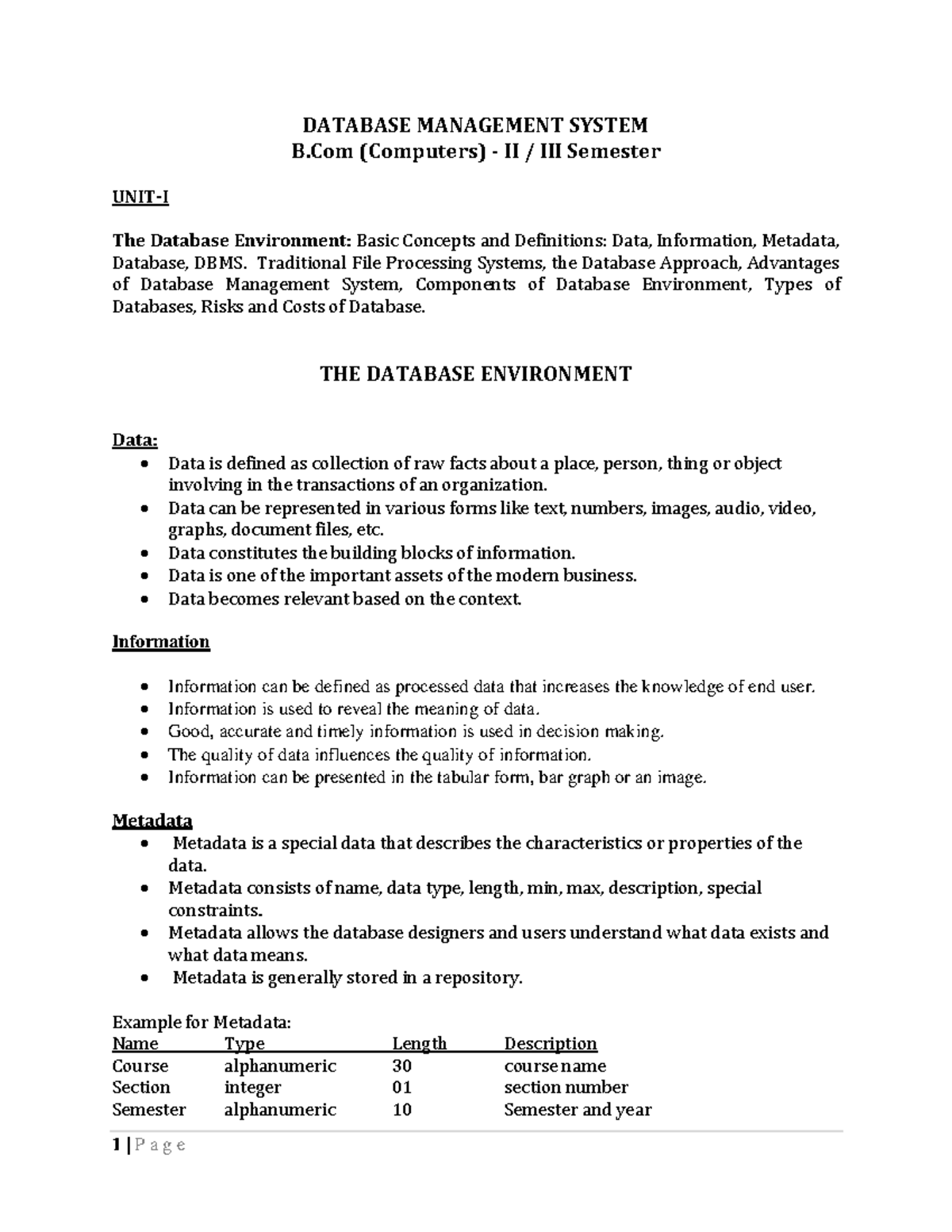DBMS Material for pg - nil - 1 | P a g e DATABASE MANAGEMENT SYSTEM B (Computers) - II / III ...