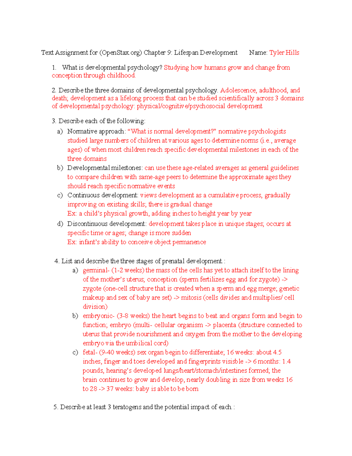 Chapter 9 Text Assignment - Text Assignment for (OpenStax) Chapter 9: Lifespan Development Name ...