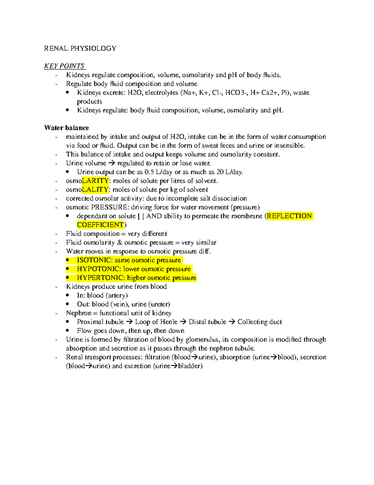 Renal Physiology - RENAL PHYSIOLOGY KEY POINTS Kidneys regulate ...
