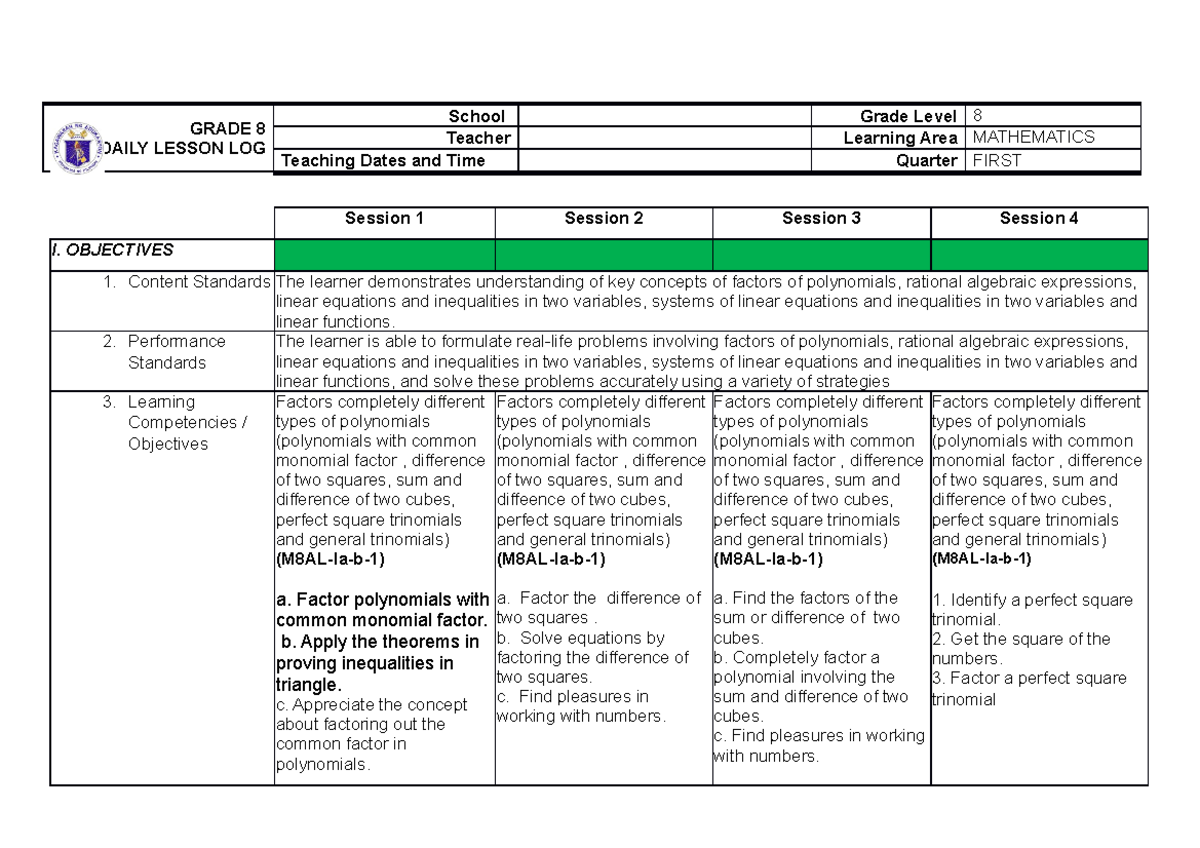 G8DLL Q1W1 LC01 - notes - GRADE 8 DAILY LESSON LOG School Grade Level 8 ...