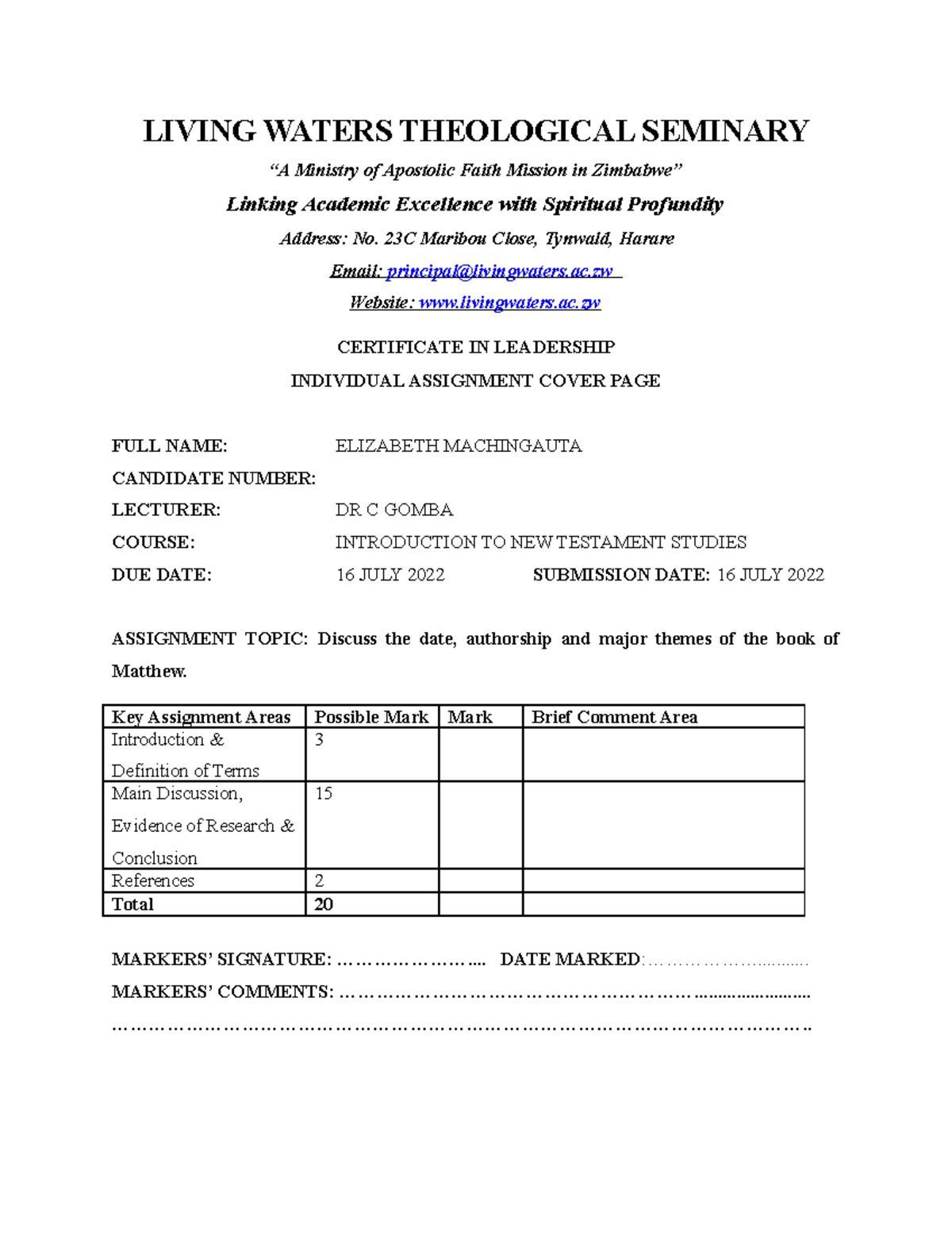 Machingauta NT Assignment - LIVING WATERS THEOLOGICAL SEMINARY “A ...