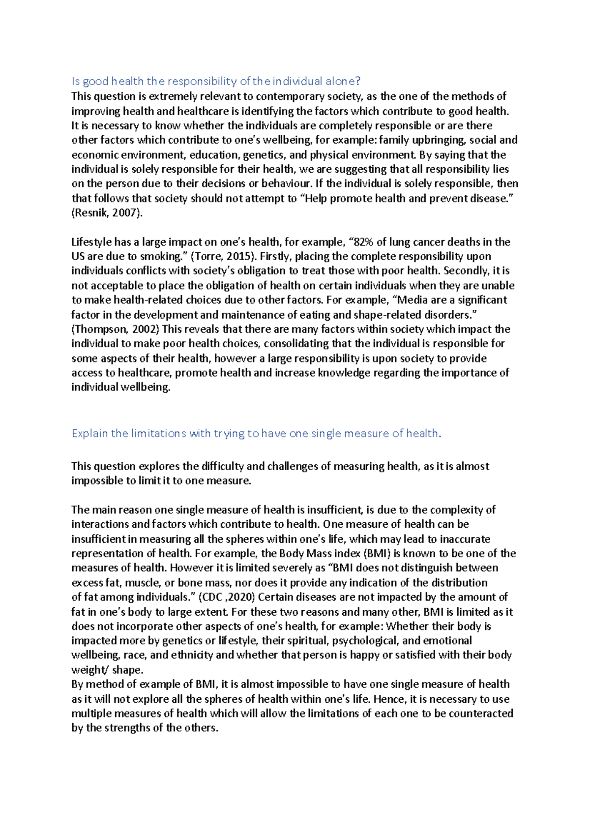 Health assignment 2 - Is good health the responsibility of the ...