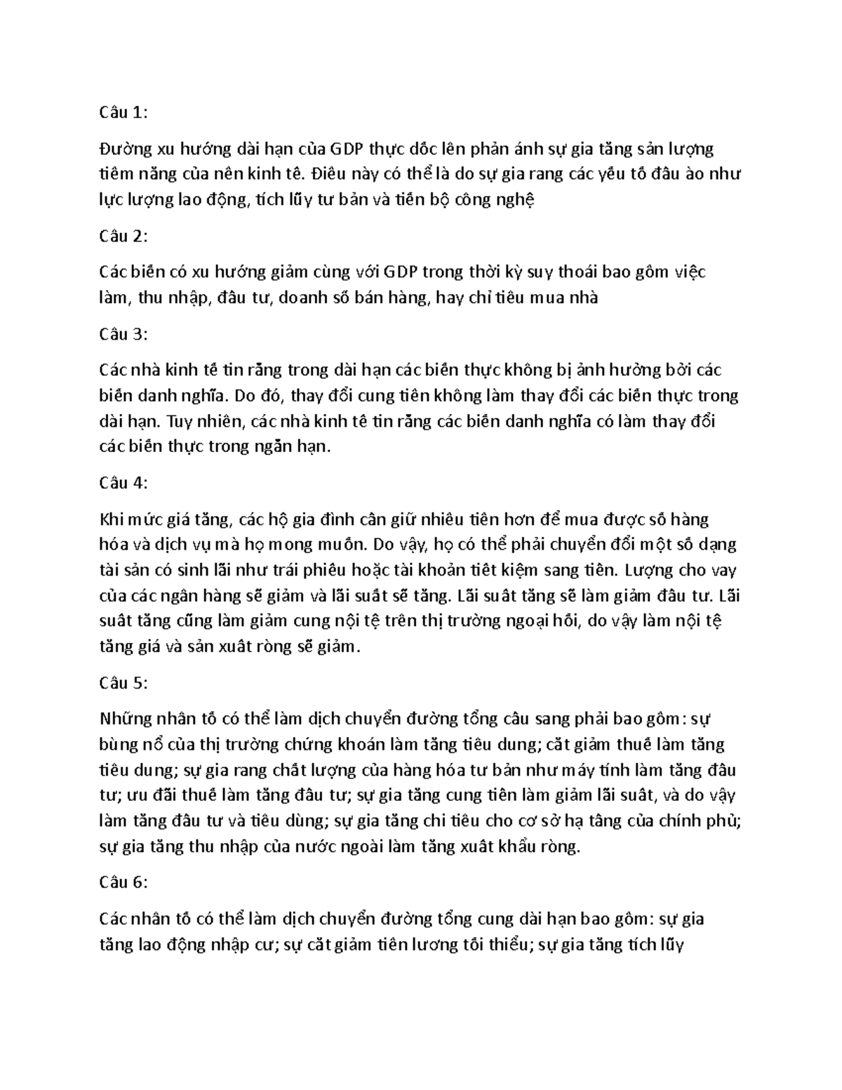 BTVN CH10 - ádasdasdasd - Câu 1: Đ ng xu h ng dài h n c a GDP th c dốốc lên ph n ánh s gia tăng ...
