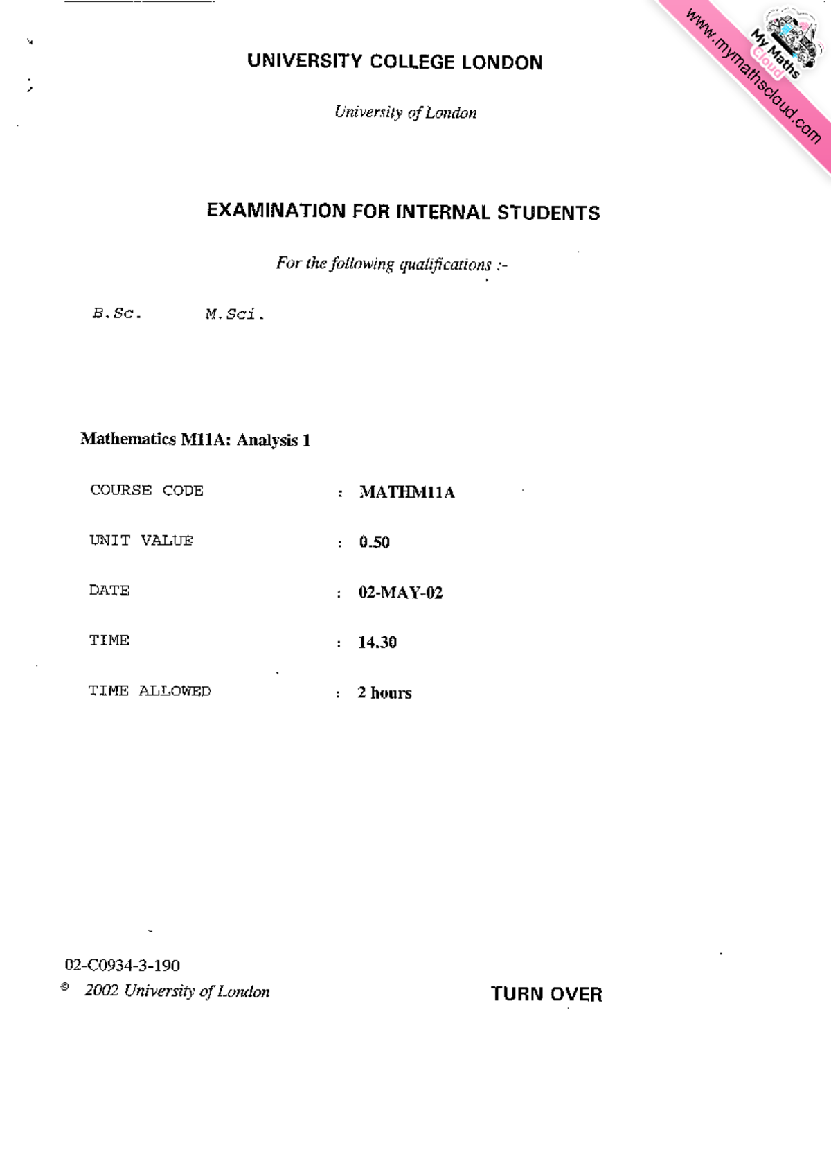 Analysis 1 2002 May - past paper - UNIVERSITY COLLEGE LONDON University of London EXAMINATION ...