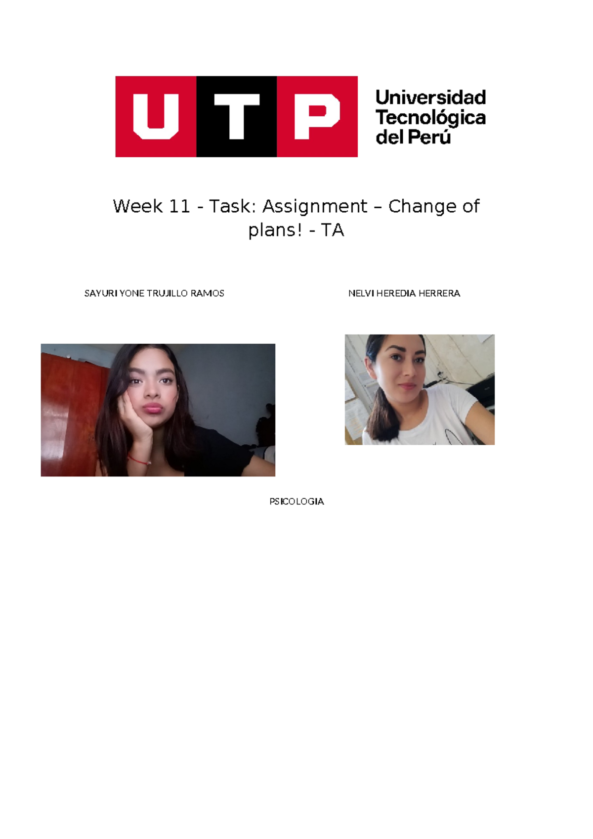 Ramos Sayuri - Nelvi Heredia semana 11 - Week 11 - Task: Assignment – Change of plans! - TA ...