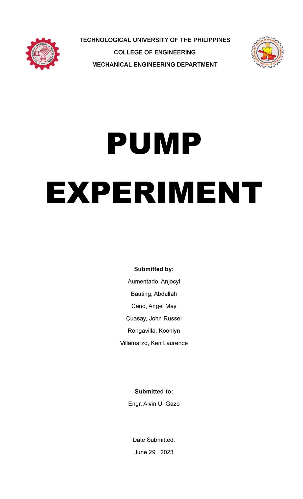 PUMP- Experiment - TECHNOLOGICAL UNIVERSITY OF THE PHILIPPINES COLLEGE ...