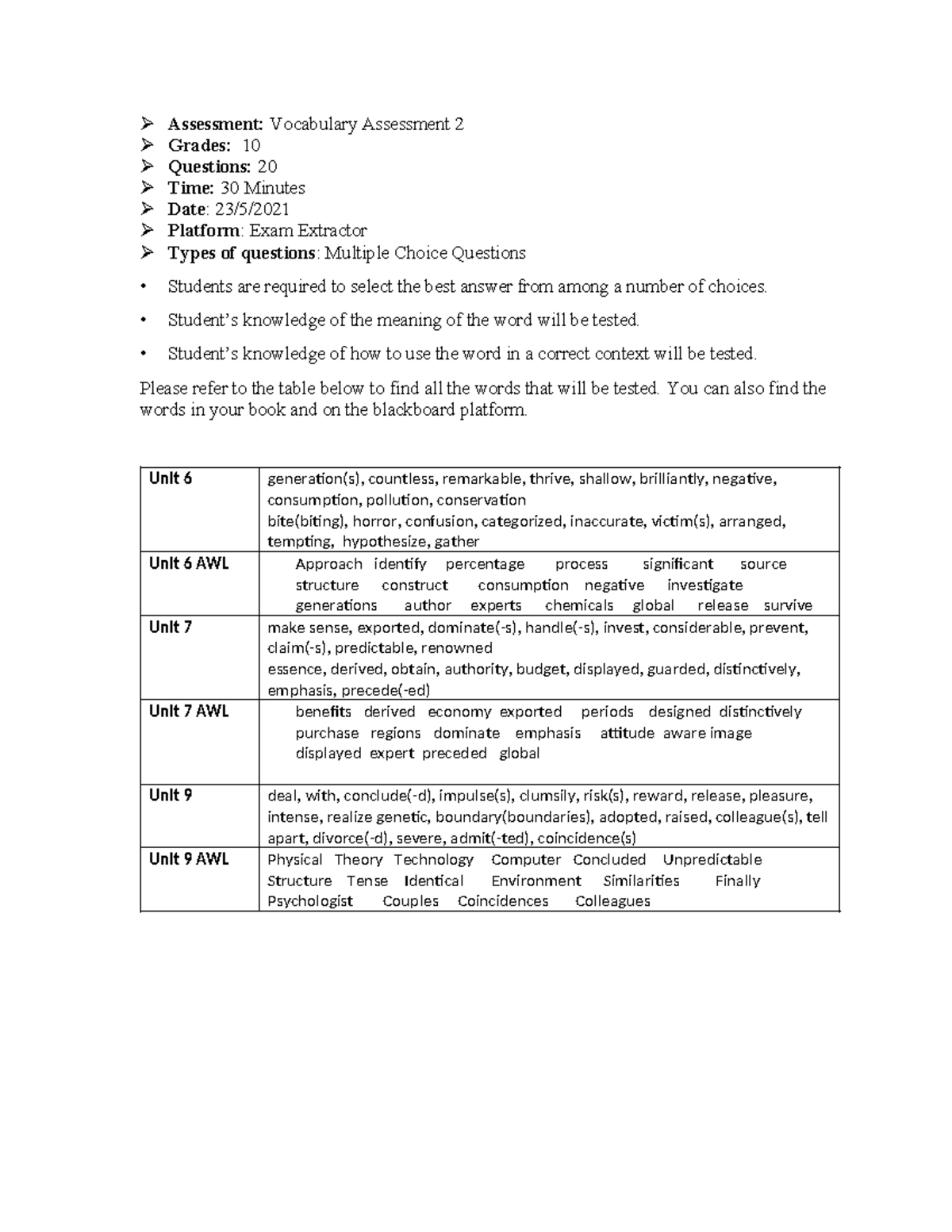 Vocabulary Test 2 Level 2 - Assessment: Vocabulary Assessment 2 Grades ...
