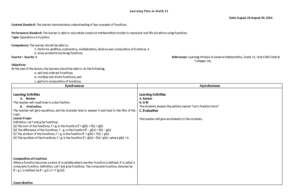 Math 11 Q1 W5 - Copy - lesson plan - Learning Plan in Math 11 Date ...