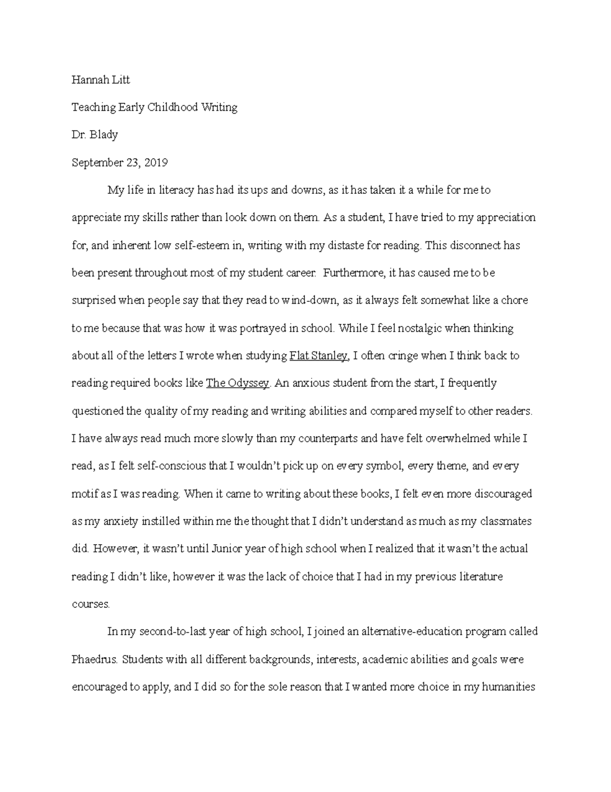 Literacy Autobiography - Hannah Litt Teaching Early Childhood Writing ...