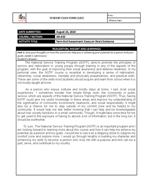 01 NSTP001 St EF Mapua NSTP - STUDENT ESSAY FORM (StEF) Document No ...