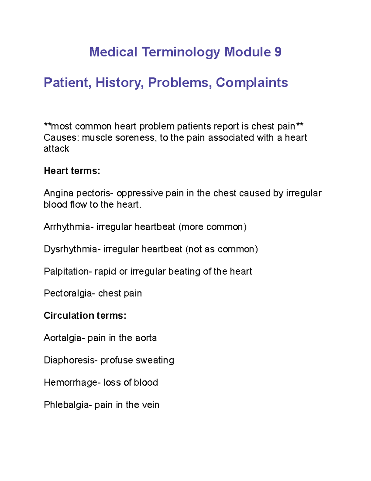 Medical Terminology Module 9 Patient, History, Problems, Complaints ...