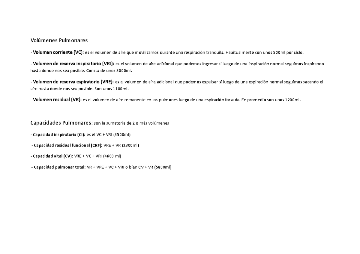 Volúmenes y capacidades - Volúmenes Pulmonares - Volumen corriente (VC ...